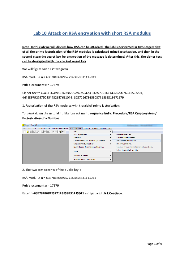 (PDF) Lab 10 Attack on RSA encryption with short RSA modulus | iman altamimi - Academia.edu