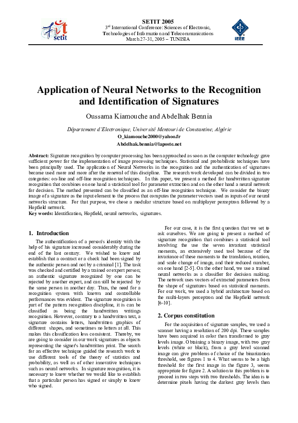 (PDF) Application of Neural Networks to the Recognition and Identification of Signatures