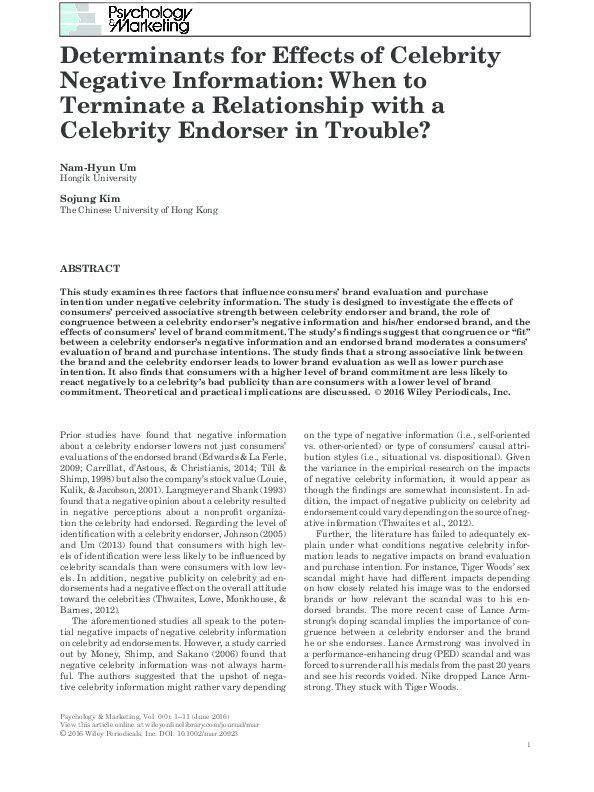 (PDF) Determinants for Effects of Celebrity Negative Information: When ...