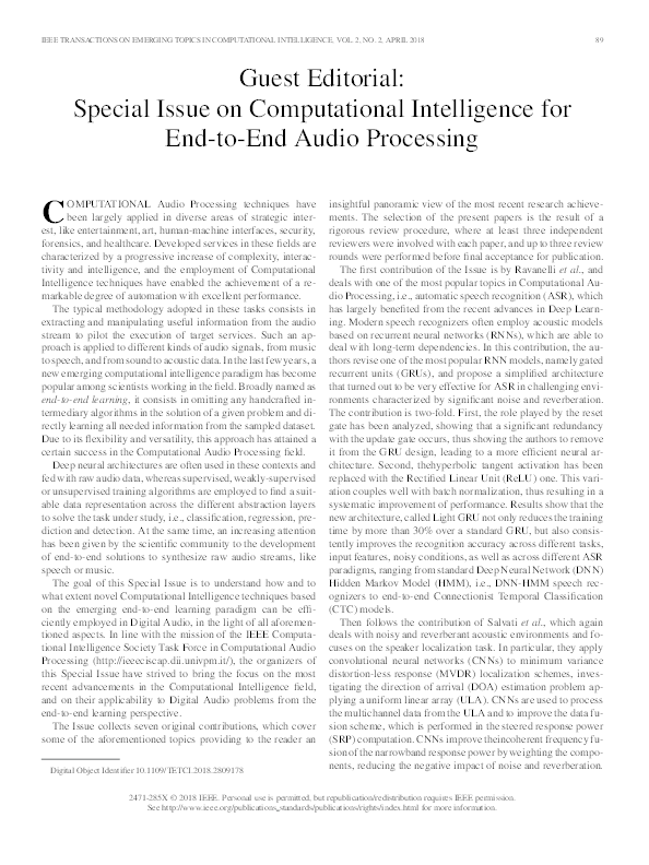 Pdf Guest Editorial Special Issue On Computational Intelligence For End To End Audio Processing