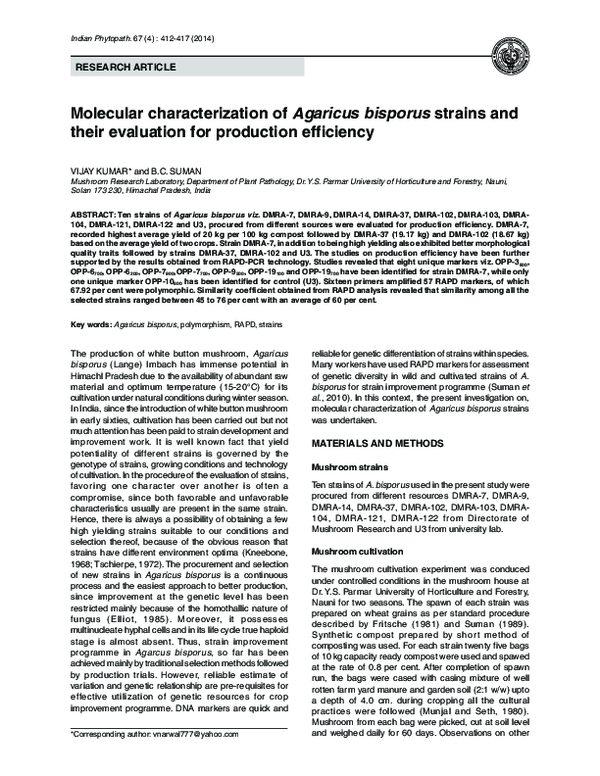 (PDF) Molecular characterization of Agaricus bisporus strains and their evaluation for ...
