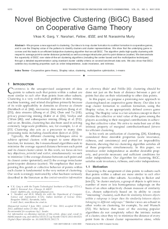 (PDF) Novel Biobjective Clustering (BiGC) Based on Cooperative Game Theory