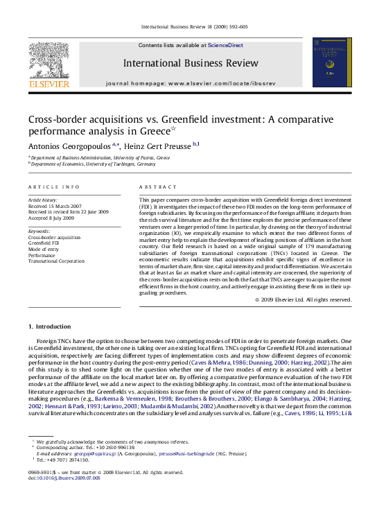 (PDF) Cross-border acquisitions vs. Greenfield investment: A comparative performance analysis in ...