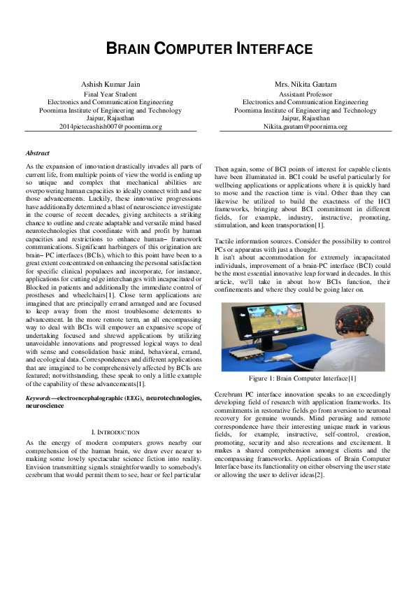 (PDF) BRAIN COMPUTER INTERFACE