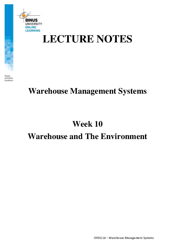 (PDF) ISYE6114 – Warehouse Management Systems LECTURE NOTES Warehouse ...