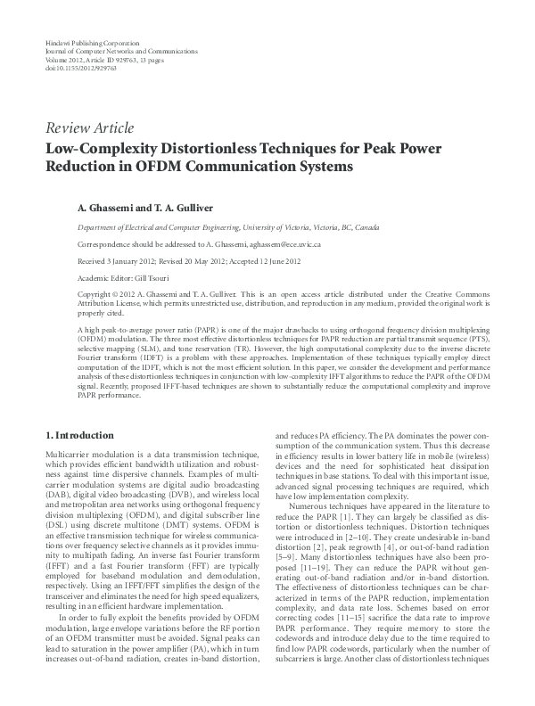 (PDF) Low Complexity Distortionless Techniques for Peak Power Reduction in OFDM Communications ...