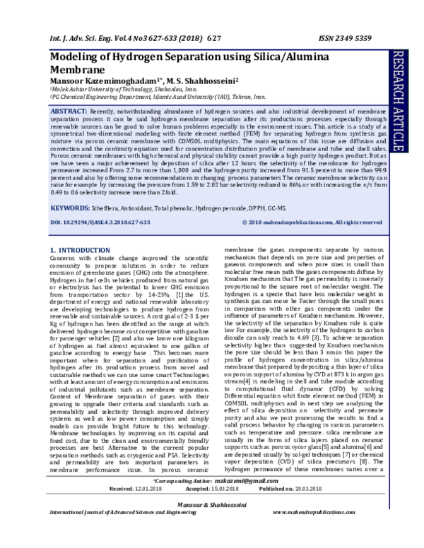 (PDF) Modeling of Hydrogen Separation using Silica/Alumina Membrane
