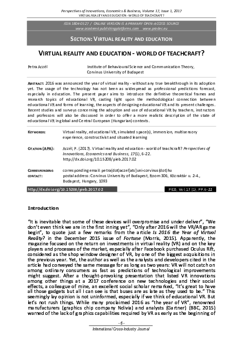 (PDF) VIRTUAL REALITY AND EDUCATION VIRTUAL REALITY AND EDUCATION ...