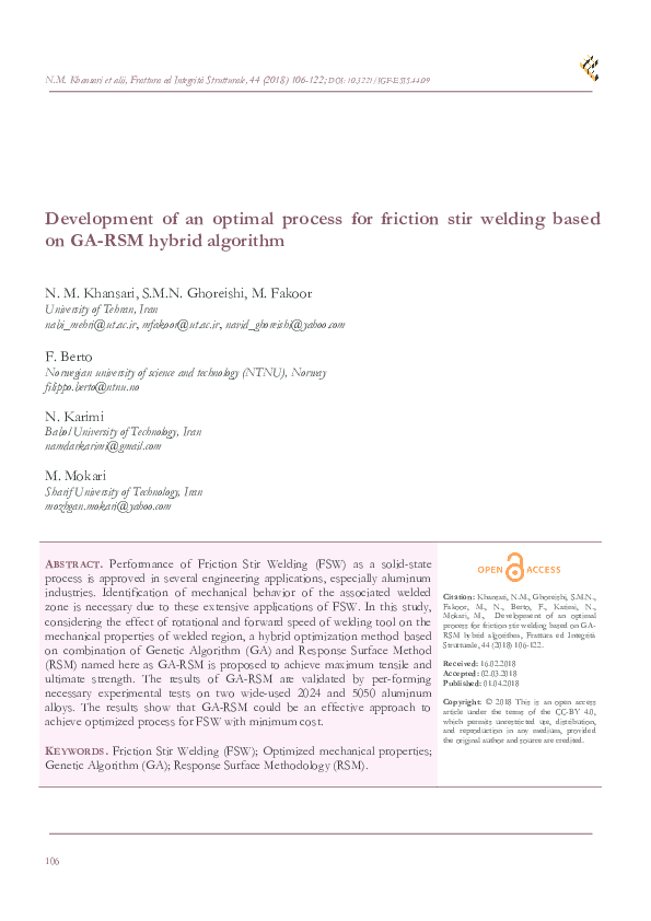 (PDF) Development of an optimal process for friction stir welding based on GA-RSM hybrid algorithm
