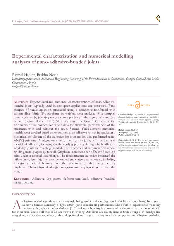 Pdf Experimental Characterization And Numerical Modelling Analyses Of