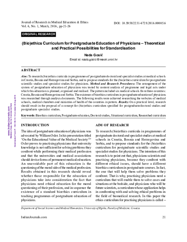 (PDF) Bio)ethics Curriculum for Postgraduate Education of Physicians ...