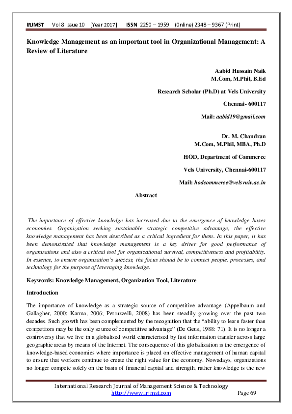 (PDF) Knowledge Management as an important tool in Organizational ...