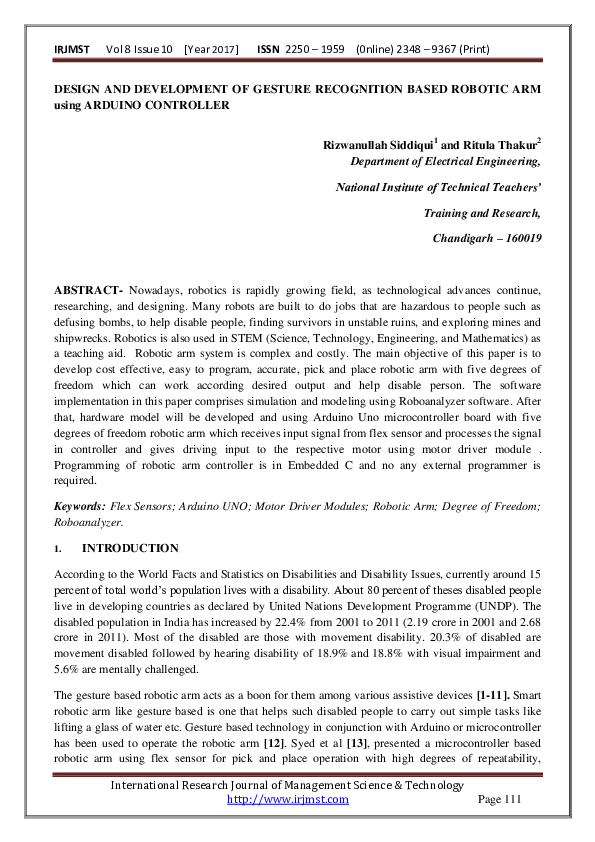 Pdf Design And Development Of Gesture Recognition Based Robotic Arm Using Arduino Controller 6028