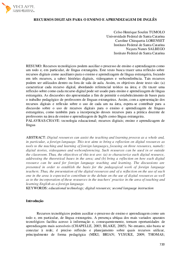 (PDF) RECURSOS DIGITAIS PARA O ENSINO E APRENDIZAGEM DE INGLÊS