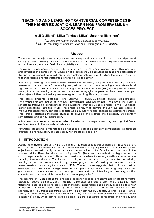 (PDF) TEACHING AND LEARNING TRANSVERSAL COMPETENCES IN THE HIGHER ...