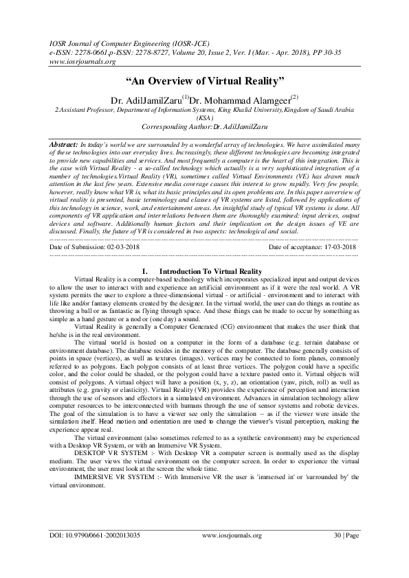 (PDF) " An Overview of Virtual Reality