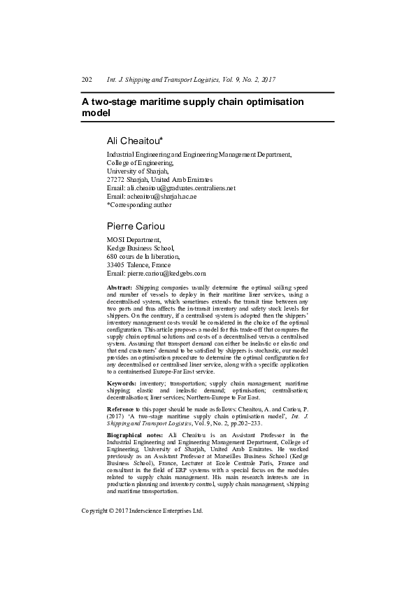Pdf A Two Stage Maritime Supply Chain Optimisation Model 