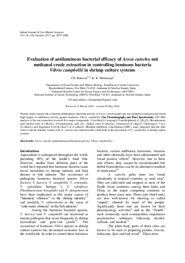 (PDF) Evaluation of antiluminous bacterial efficacy of Areca catechu nut methanol crude ...