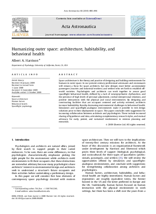 (PDF) Humanizing outer space: architecture, habitability, and ...