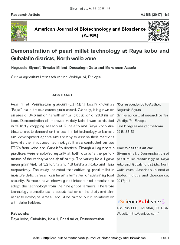 (PDF) Demonstration of pearl millet technology at Raya kobo and Gubalafto districts, North wollo ...