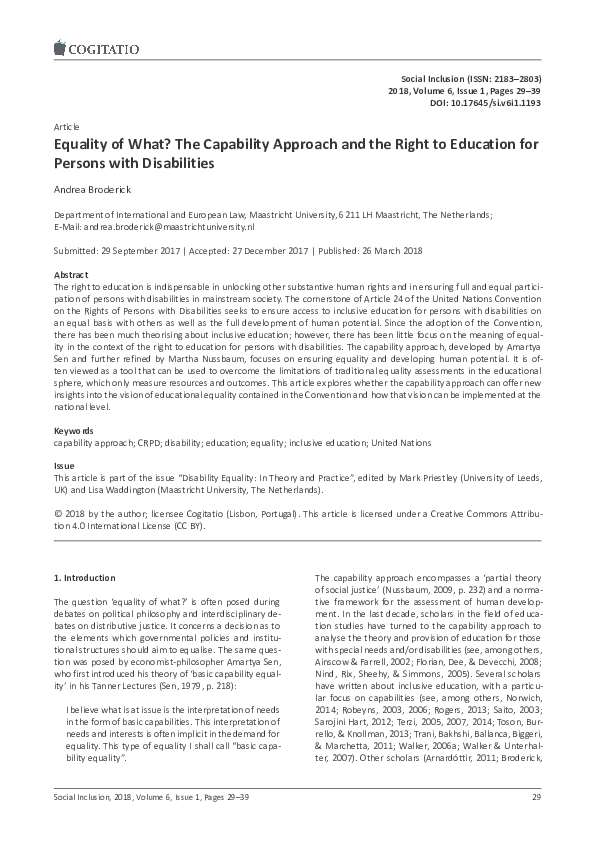 (PDF) Peer-reviewed article: Broderick A. (2018), Equality of What? The ...