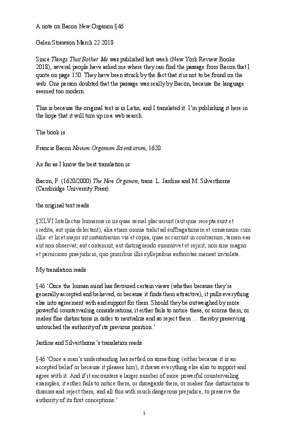 (PDF) A note on Bacon New Organon §46 | Galen Strawson - Academia.edu