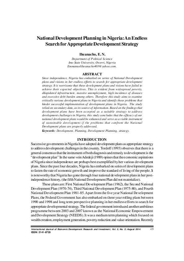 (PDF) National Development Planning in Nigeria: An Endless Search for ...