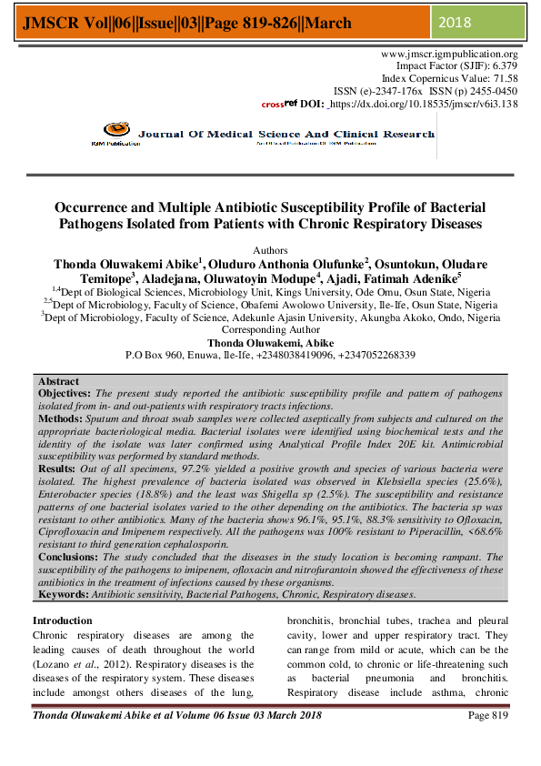 Pdf Occurrence And Multiple Antibiotic Susceptibility Profile Of