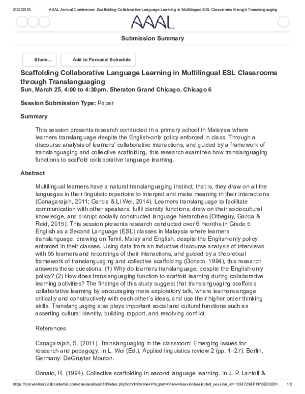 (PDF) Scaffolding Collaborative Language Learning in Multilingual ESL Classrooms through ...