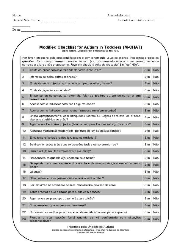 (PDF) Modified Checklist for Autism in Toddlers (M-CHAT