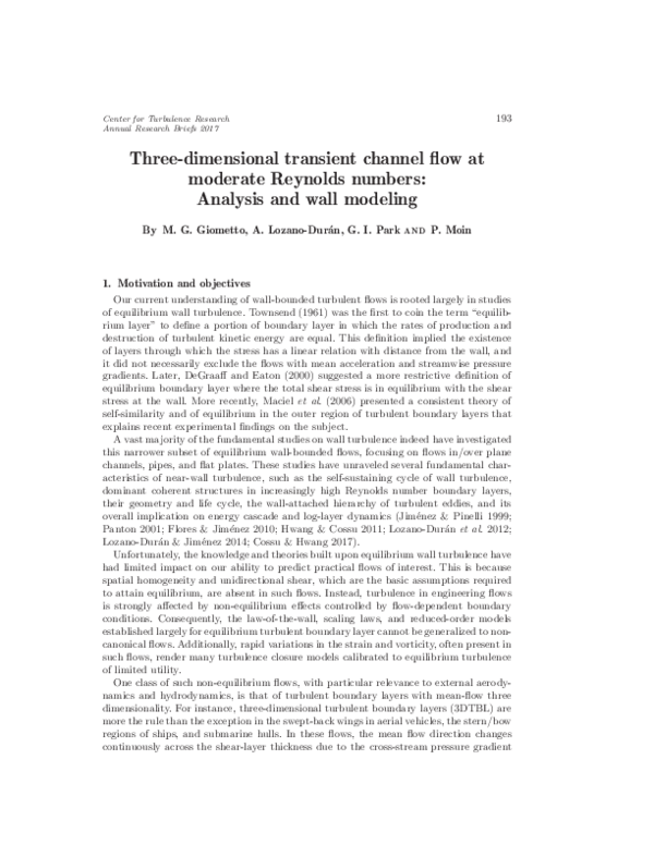 (PDF) Three-dimensional transient channel flow at moderate Reynolds numbers: Analysis and wall ...