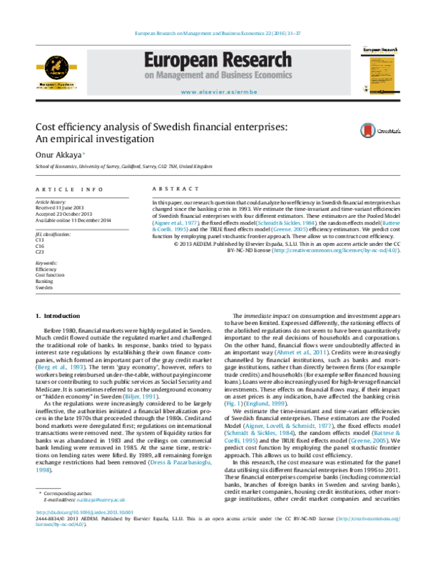 (PDF) Cost efficiency analysis of Swedish financial enterprises: An empirical investigation