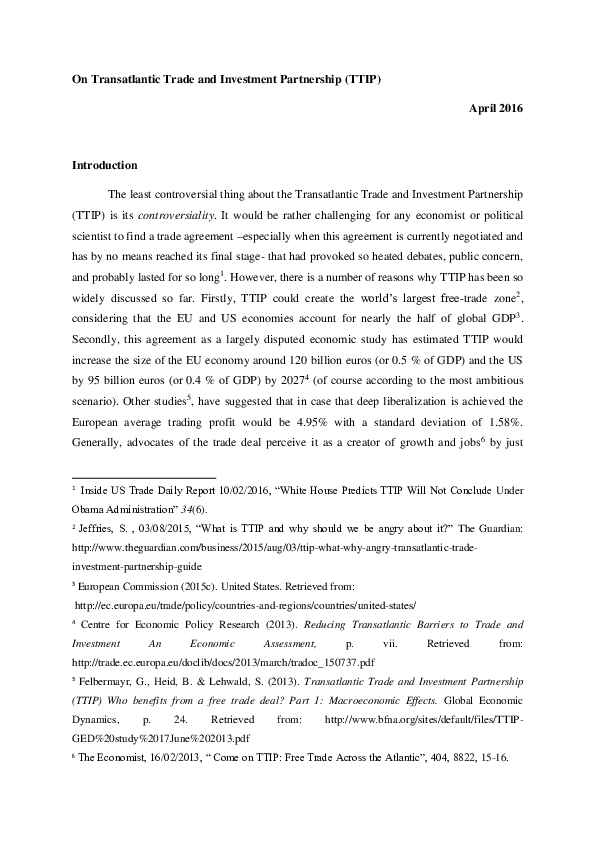 (PDF) On Transatlantic Trade and Investment Partnership (TTIP)