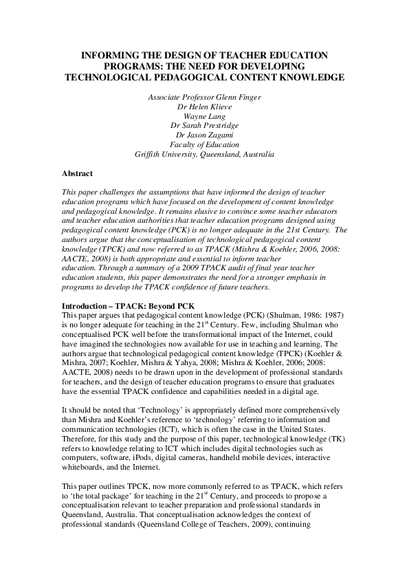 (PDF) Informing the Design of Teacher Education Programs: The Need for Developing Technological ...