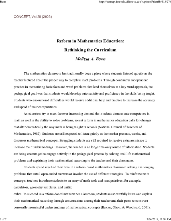 (PDF) Reform in Mathematics Education: Rethinking the Curriculum
