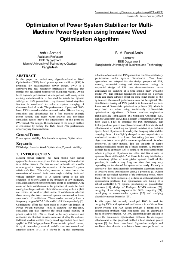 (PDF) Optimization of Power System Stabilizer for Multi-Machine Power System using Invasive Weed ...