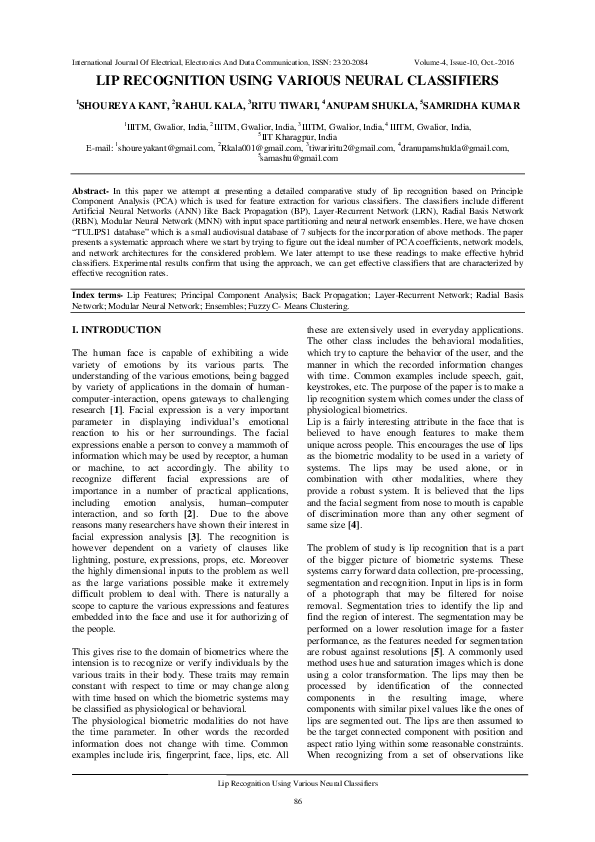(PDF) LIP RECOGNITION USING VARIOUS NEURAL CLASSIFIERS