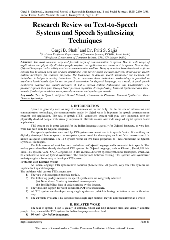 (PDF) Research Review on Text-to-Speech Systems and Speech Synthesizing Techniques