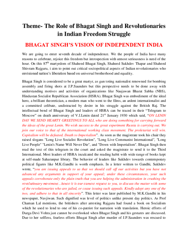(PDF) The Role of Bhagat Singh and Revolutionaries in Indian Freedom ...