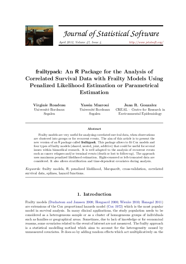 Pdf Frailtypack An R Package For The Analysis Of Correlated Survival Data With Frailty