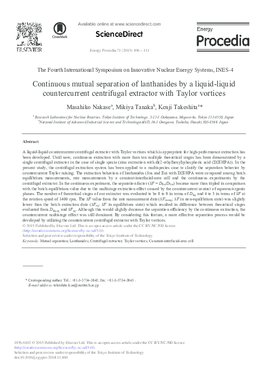 (PDF) Continuous mutual separation of lanthanides by a liquid-liquid ...
