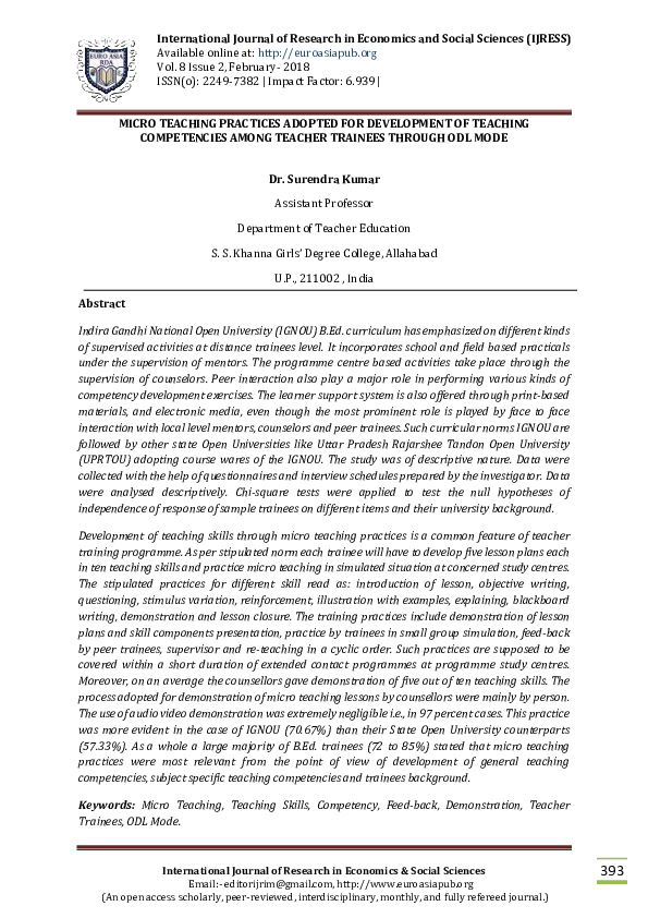 (PDF) MICRO TEACHING PRACTICES ADOPTED FOR DEVELOPMENT OF TEACHING COMPETENCIES AMONG TEACHER ...