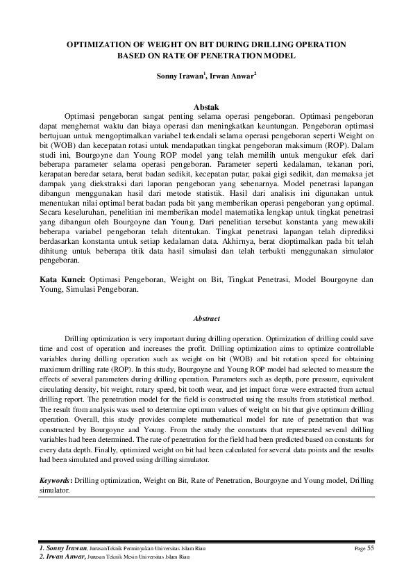 Pdf Optimization Of Weight On Bit During Drilling Operation Based On Rate Of Penetration Model