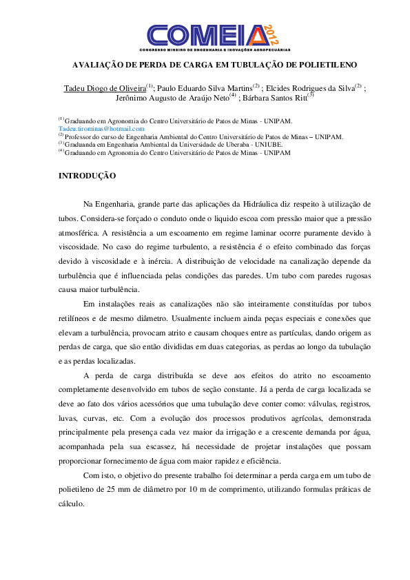 (PDF) AVALIAÇÃO DE PERDA DE CARGA EM TUBULAÇÃO DE POLIETILENO | Barbara ...