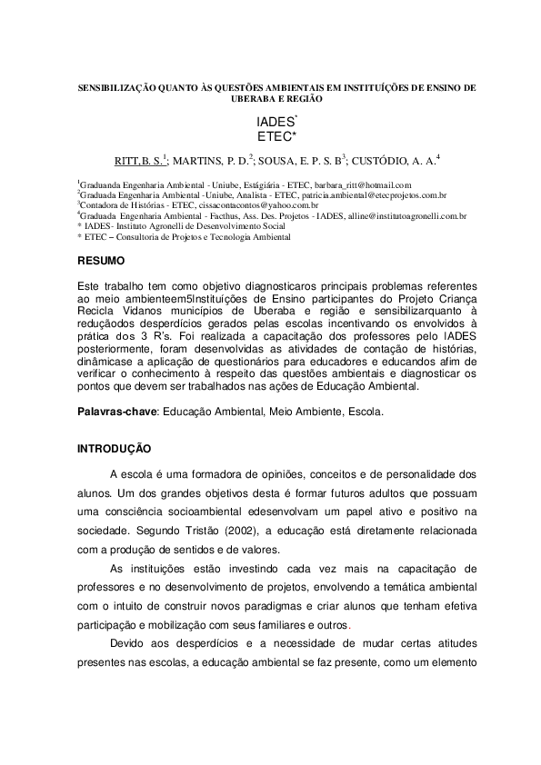 (PDF) SENSIBILIZAÇÃO QUANTO ÀS QUESTÕES AMBIENTAIS EM INSTITUÍÇÕES DE ...