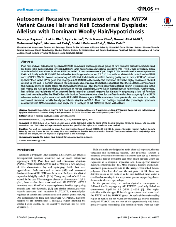 (PDF) Autosomal Recessive Transmission of a Rare KRT74 Variant Causes ...