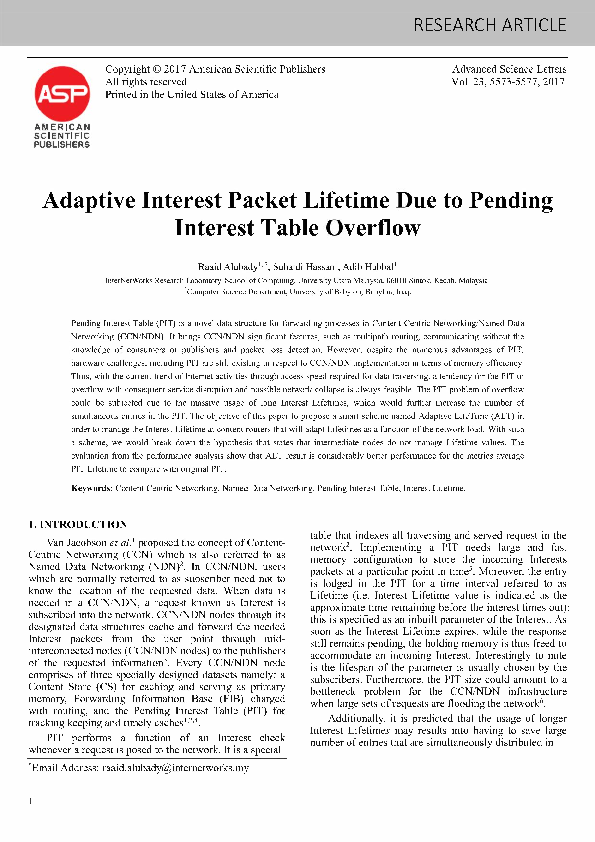 (PDF) Adaptive Interest Packet Lifetime Due to Pending Interest Table Overflow