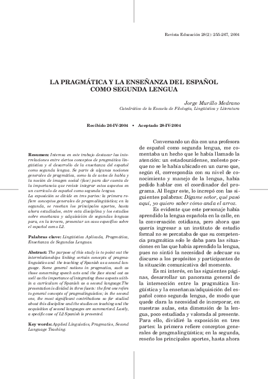 (PDF) LA PRAGMÁTICA Y LA ENSEÑANZA DEL ESPAÑOL como segunda lengua