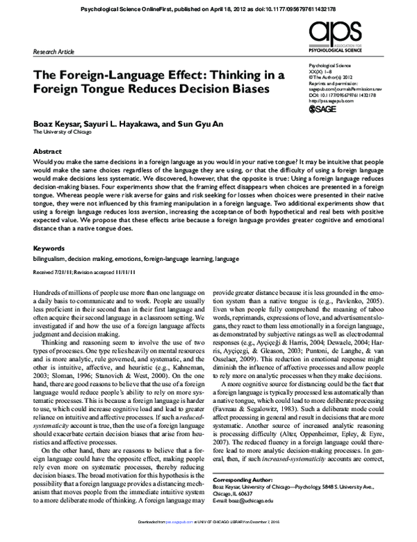 (PDF) The Foreign Language Effect Thinking in a Foreign Language
