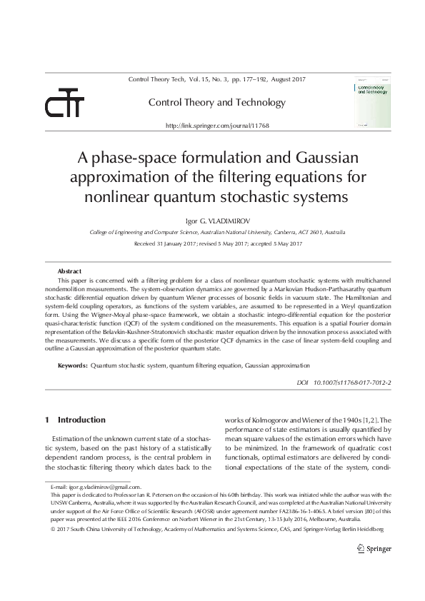 (PDF) A phase-space formulation and Gaussian approximation of the filtering equations for ...
